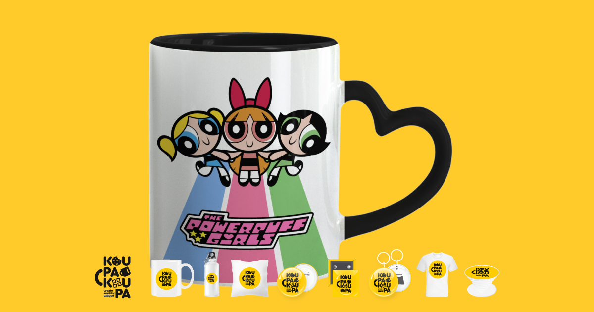 The powerpuff girls , Κούπα καρδιά χερούλι μαύρη, κεραμική, 330ml