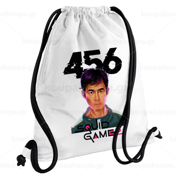 Squid game 456 Gi-Hun, Backpack pouch GYMBAG white, with pocket ...
