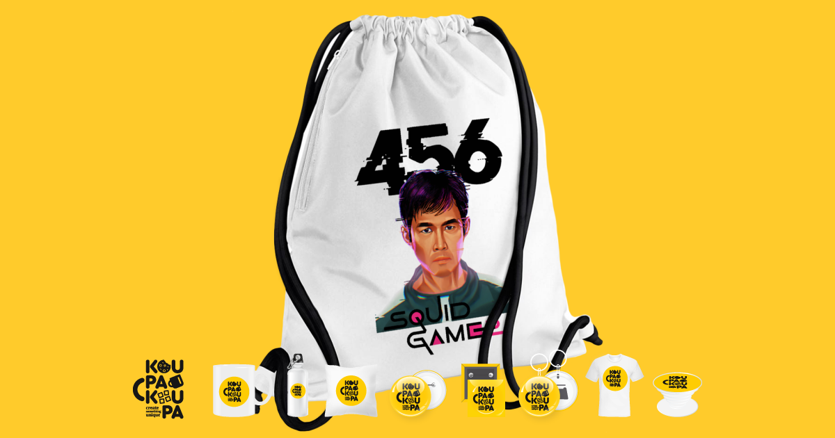 Squid game 456 Gi-Hun, Backpack pouch GYMBAG white, with pocket ...